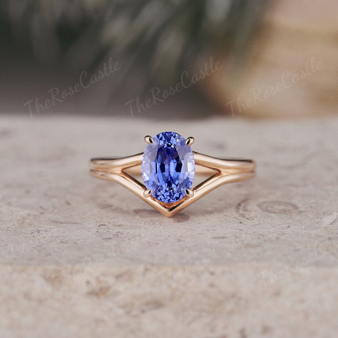Oval Sapphire Engagement Ring Solitaire Wedding Ring Rose Gold Art Deco ...