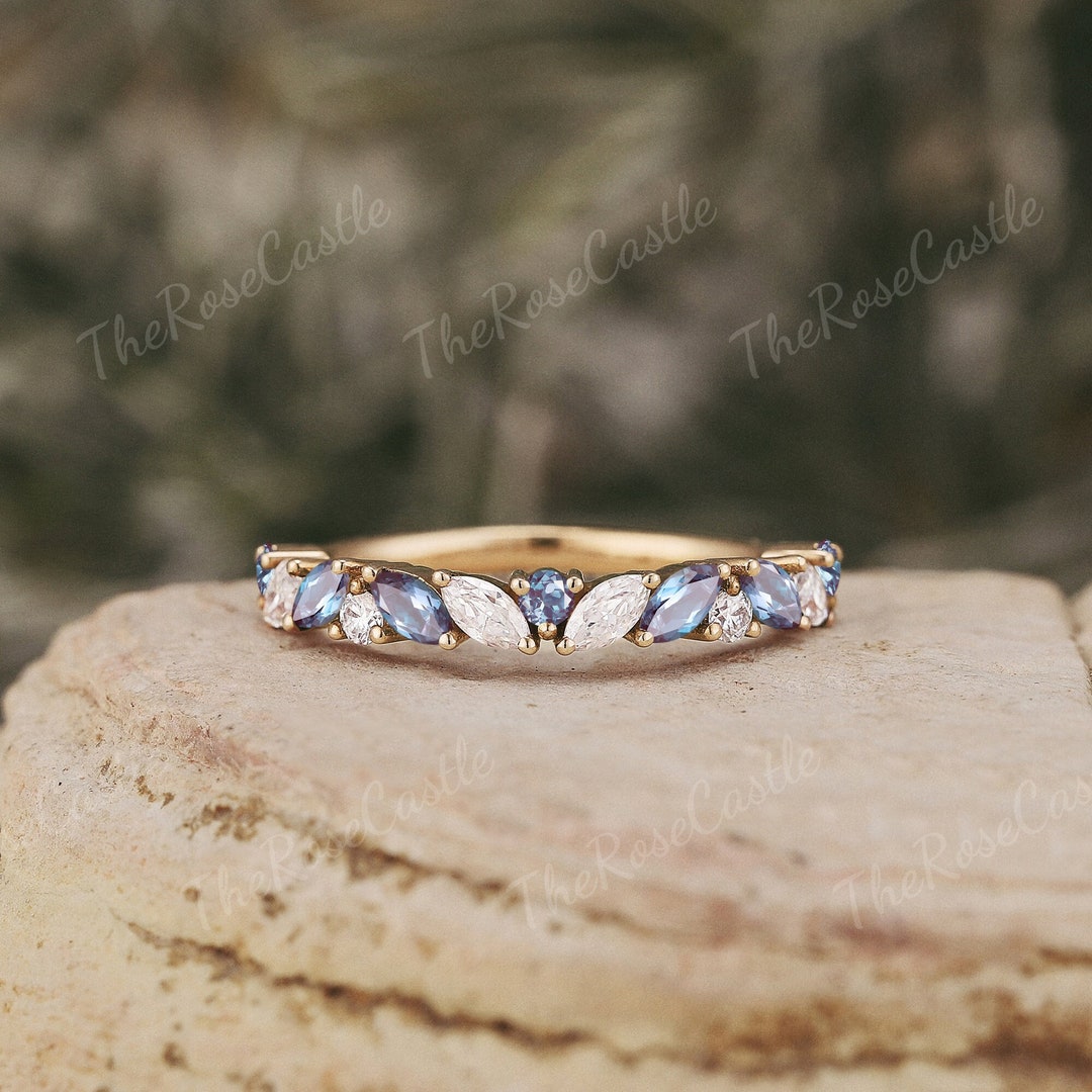 Unique Alexandrite Wedding Band 10K 14K Solid Gold Moissanite Cluster ...