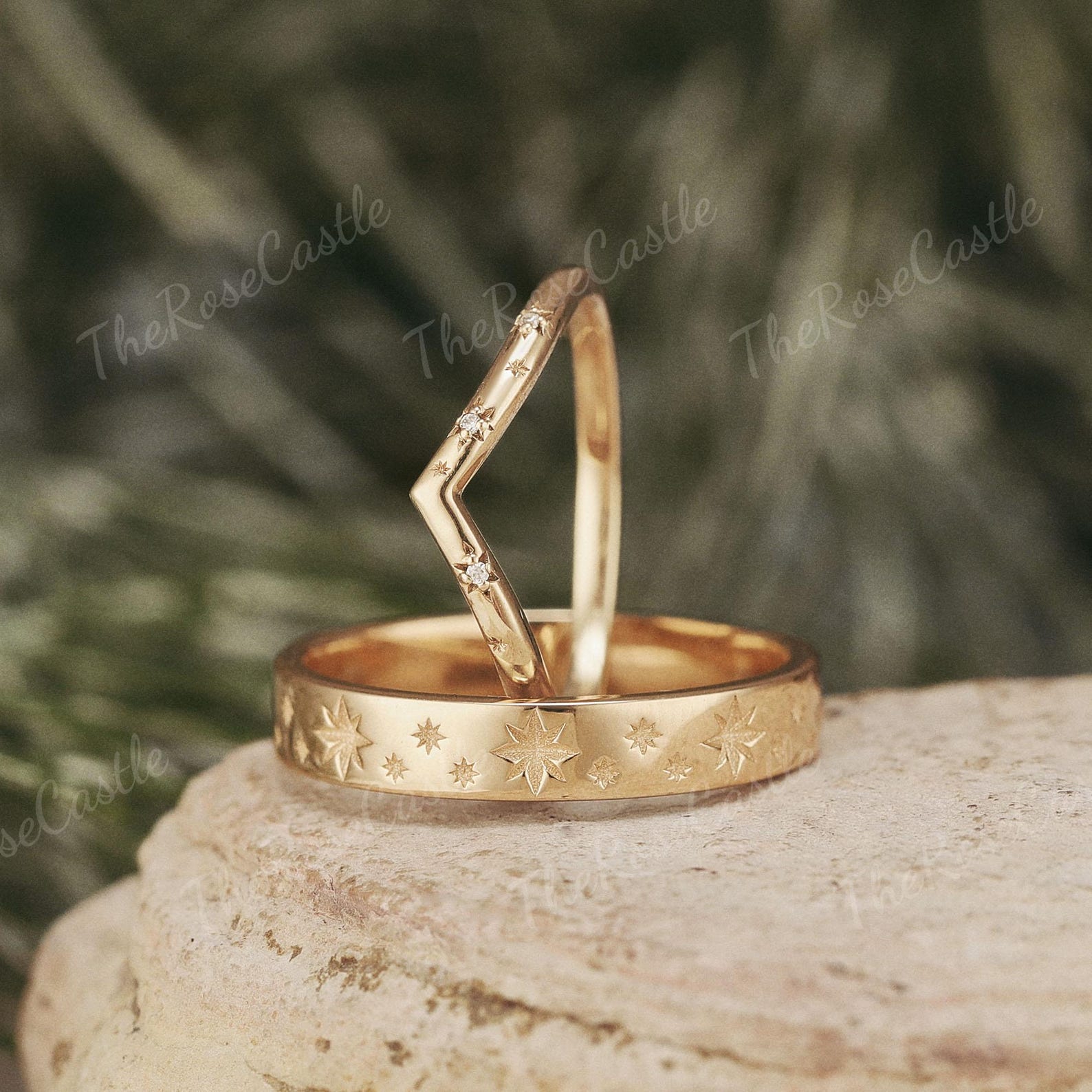 2pcs Solid Gold Star Engraving Couple Rings Set Mens Wedding Band ...