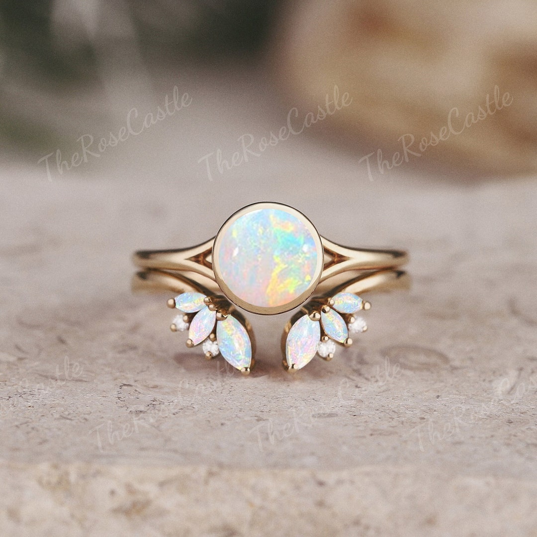Unique Round Opal Engagement Ring Set Vintage Rainbow Opal Ring Art ...
