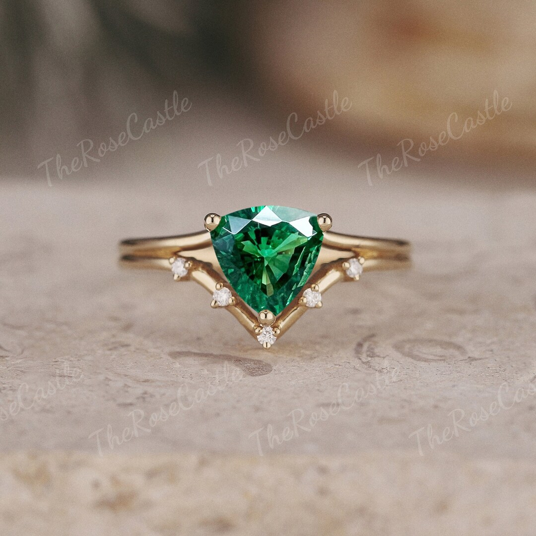Unique Emerald Engagement Ring Art Deco Gold Rings Vintage Moissanite ...