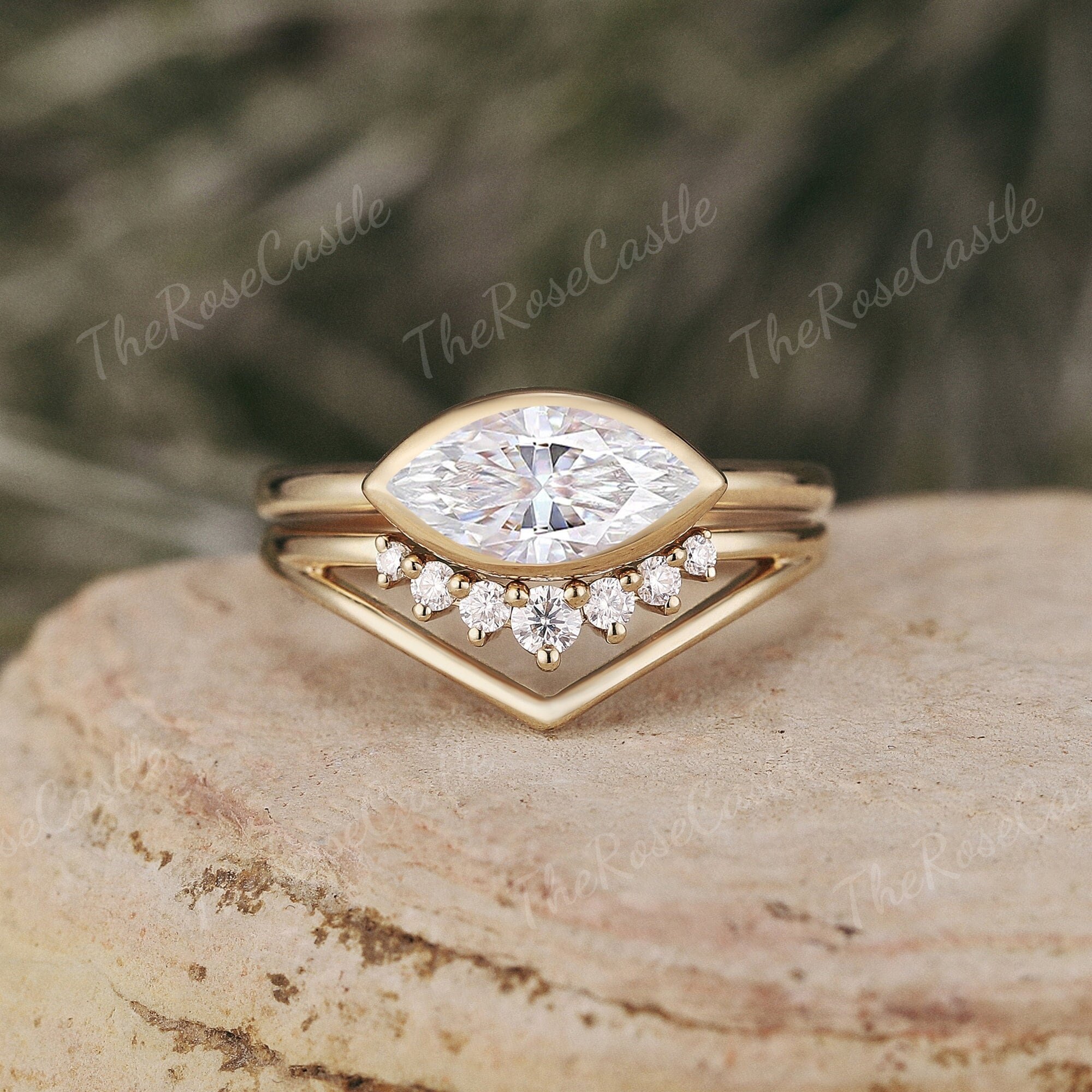 Unique East West Marquise Moissanite Engagement Ring Set Solid Gold ...