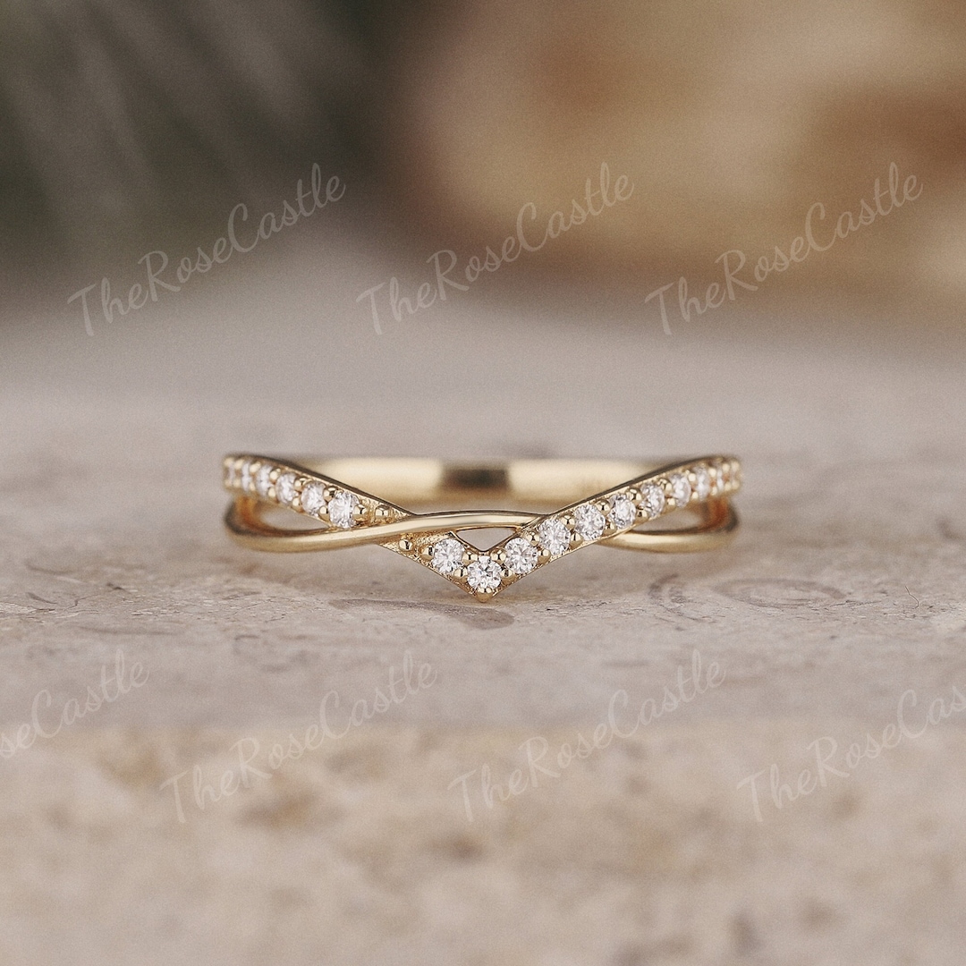 Unique Round Moissanite Wedding Band Solid Gold Rings Vintage Moissanite Stacking Ring Custom ...