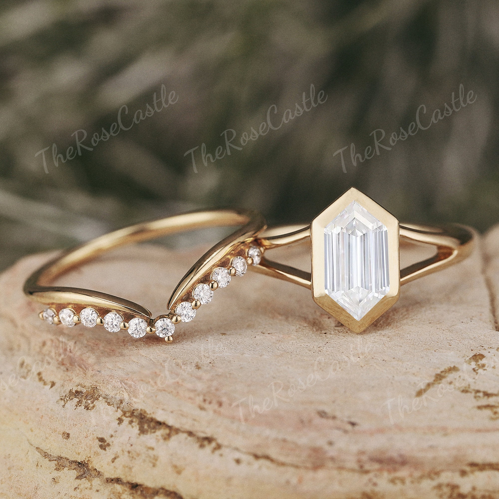 Hexagon Cut Bezel Moissanite Engagement Ring Set Solid Gold - Etsy