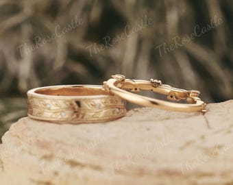 2pcs Couple Rings Set for Men and Women Leaf Mens Wedding Band Moissanite Wedding Ring Leaf Couple Wedding Ring Set Anniversary Gift