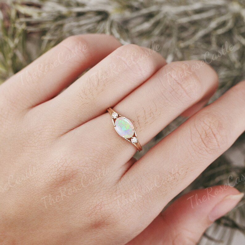 Unique East West Opal Engagement Ring Solid Gold Moissanite Cluster ...