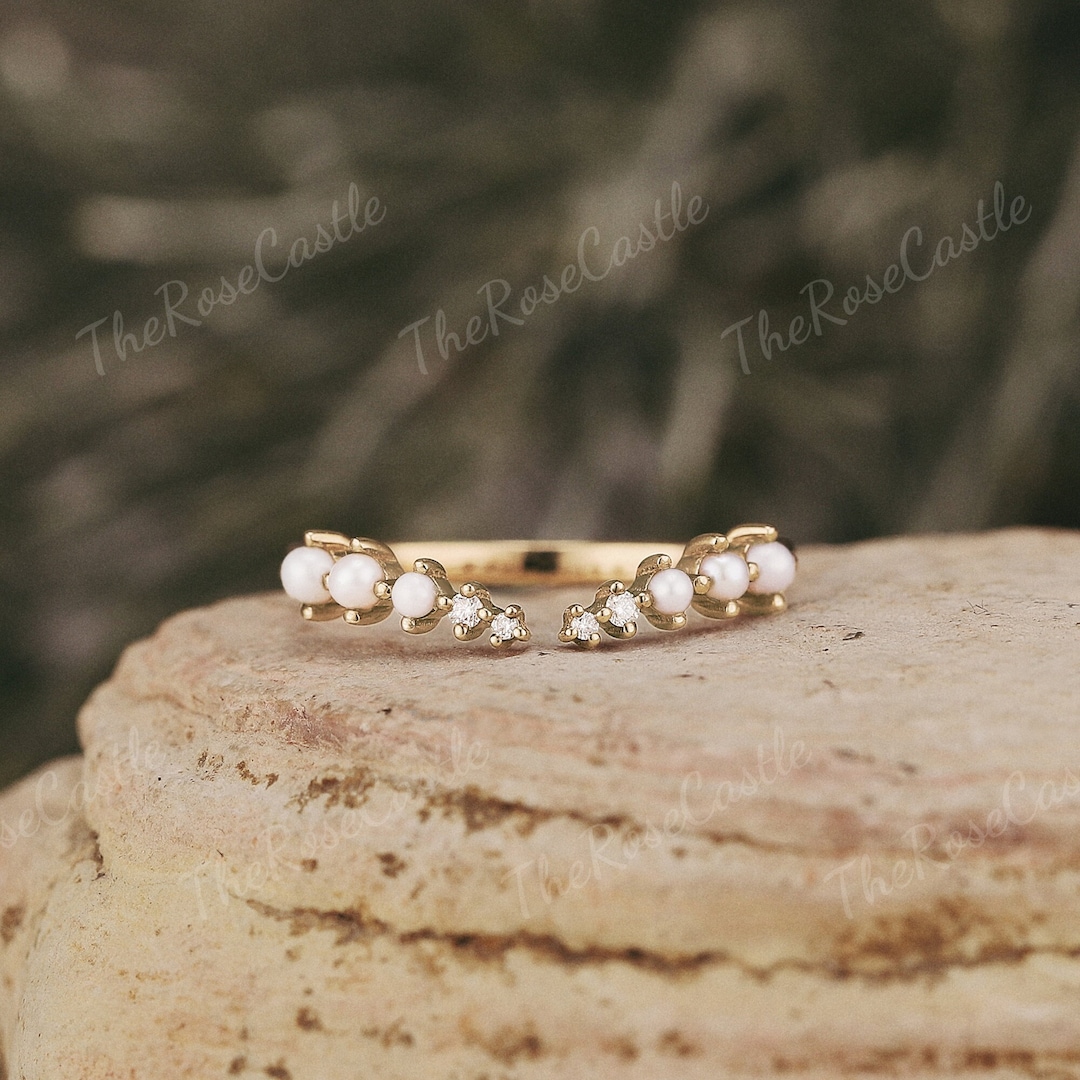 Unique Open Pearl Wedding Band Vintage Solid Gold Moissanite Curved ...