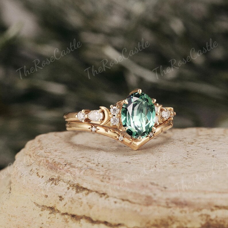 Conjunto de anillo de compromiso de zafiro verde de talla ovalada ...