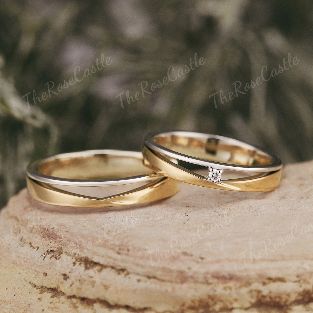 2pcs Two Tone Mixed Metals Couple Ring Set Solid Gold Mens Wedding Band ...