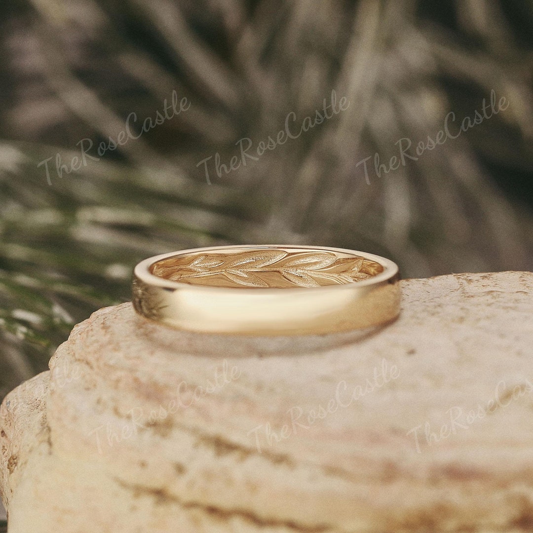 3.5MM Leaf Engraved Mens Wedding Band Solid Gold Nature Inspired Leaf ...