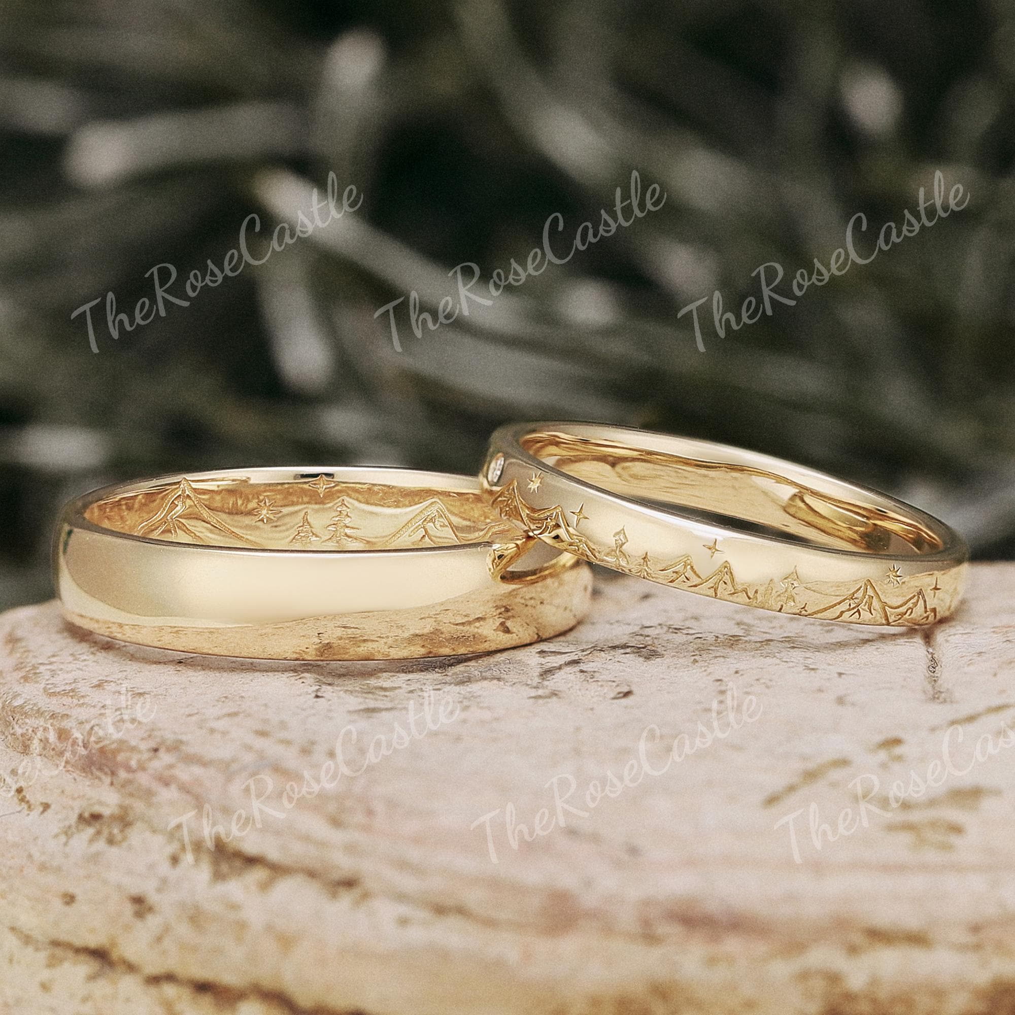 Mountain Range Wedding Band Set, His and Hers Matching Rings, Gold ...