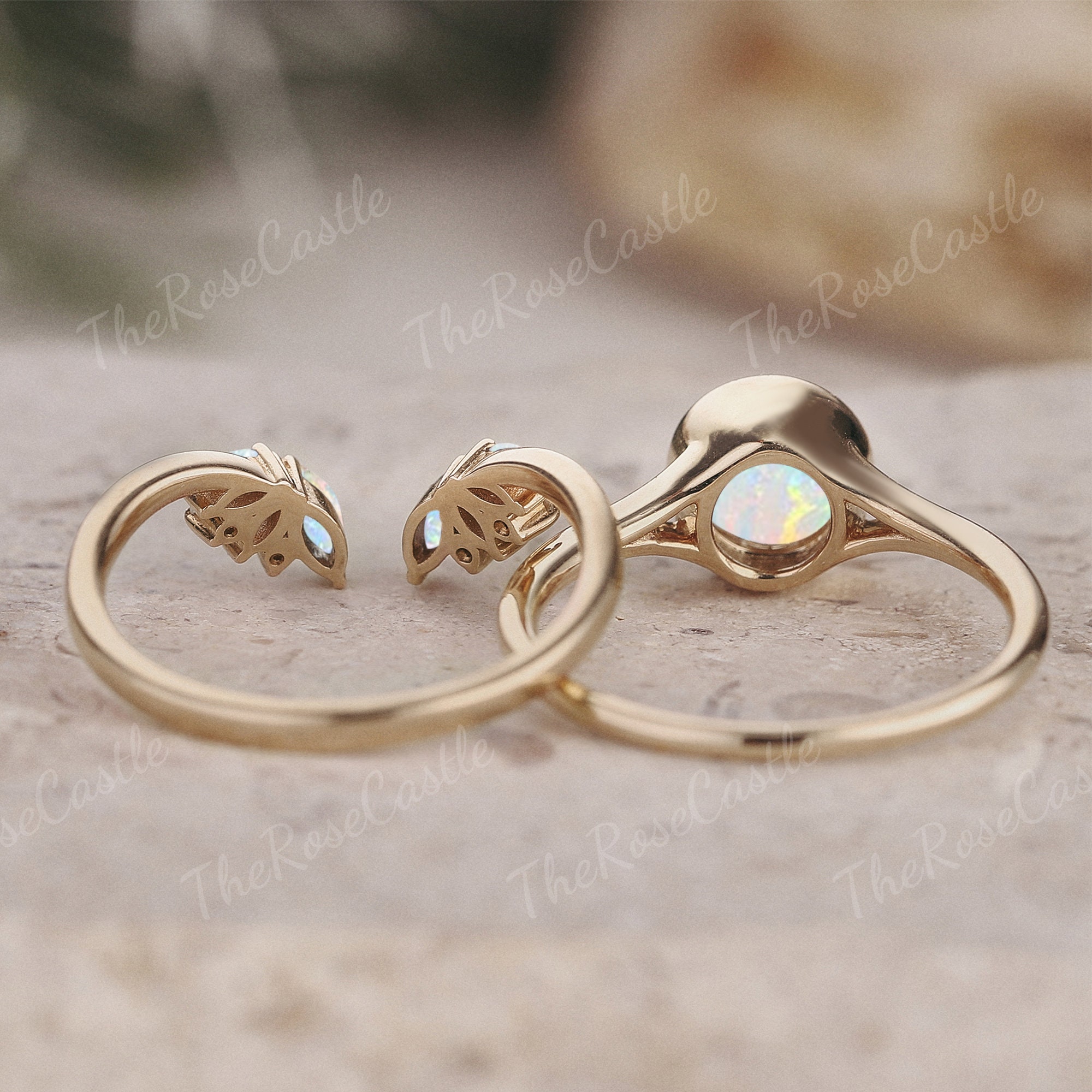 Unique Round Opal Engagement Ring Set Vintage Rainbow Opal Ring Art ...