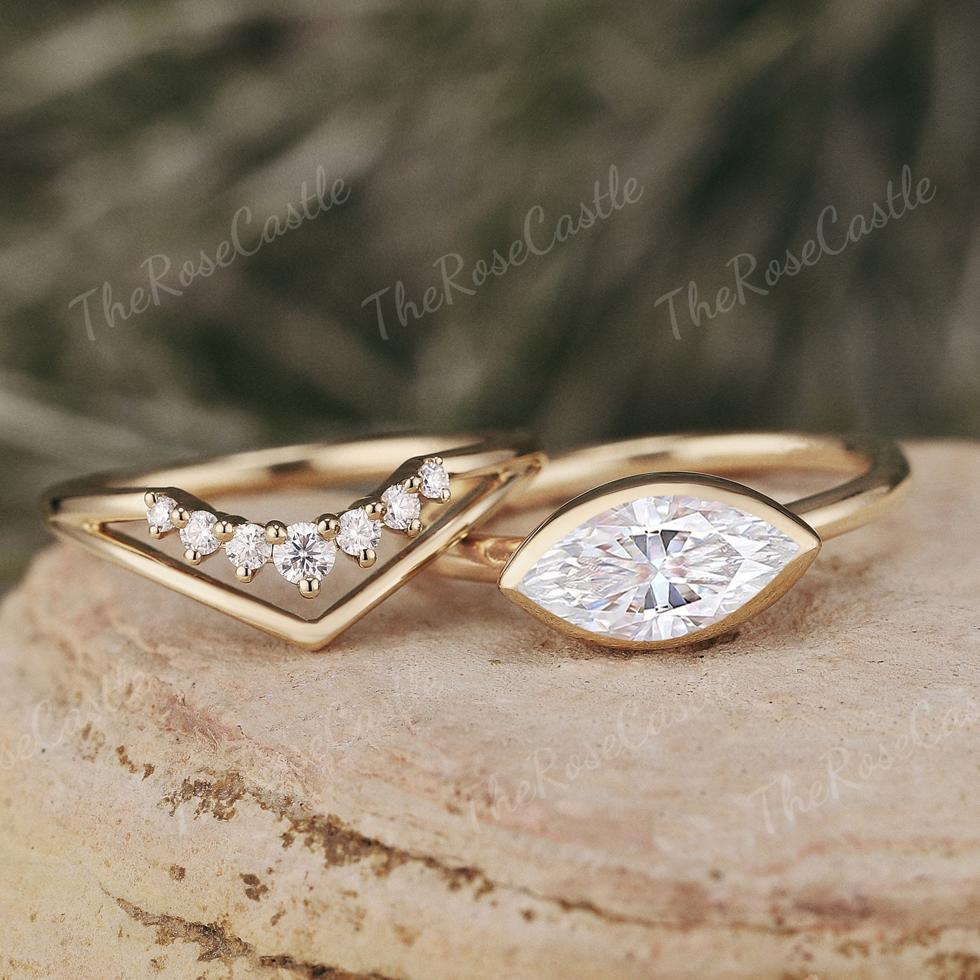 Unique East West Marquise Moissanite Engagement Ring Set Solid Gold ...