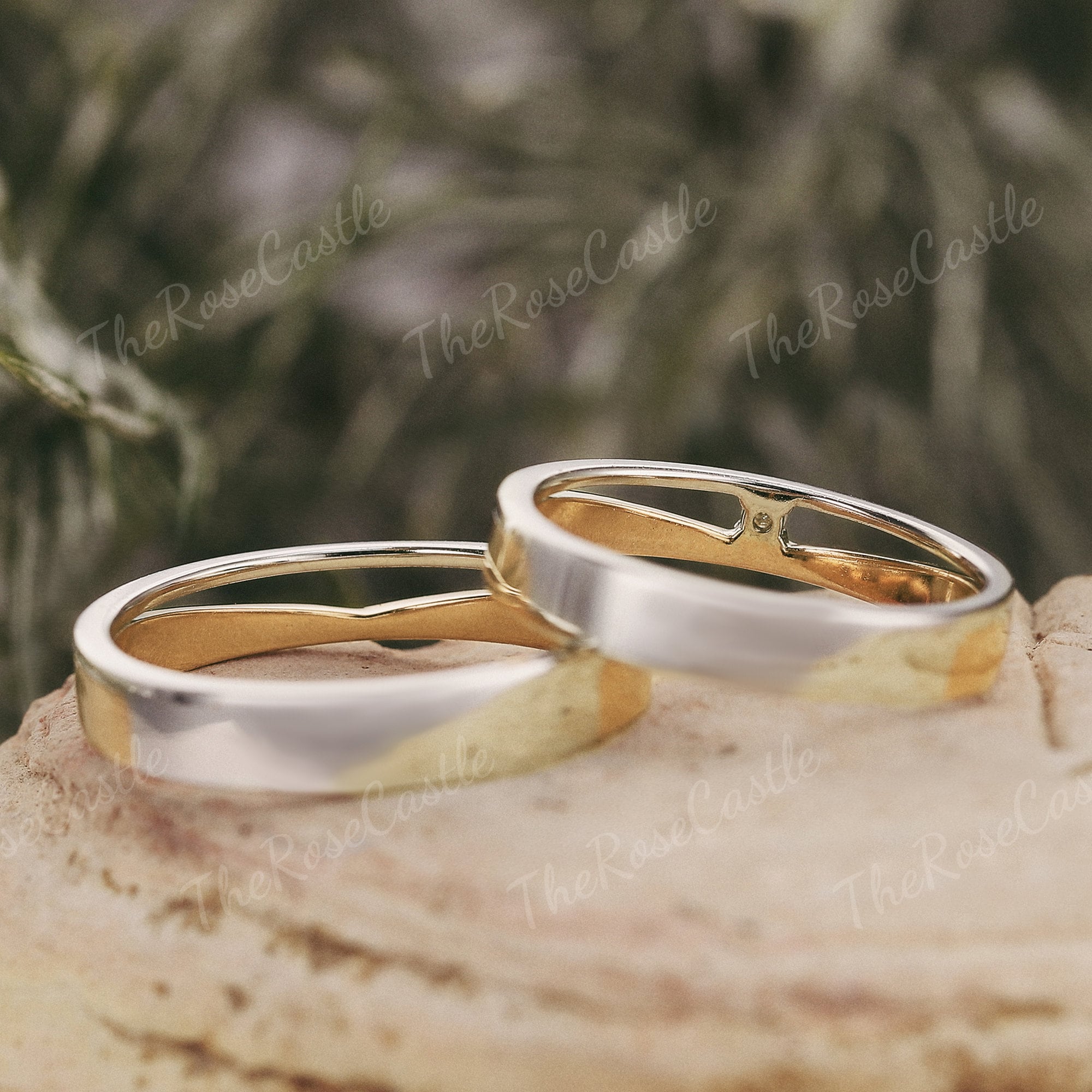 2pcs Two Tone Mixed Metals Couple Ring Set Solid Gold Mens Wedding Band ...