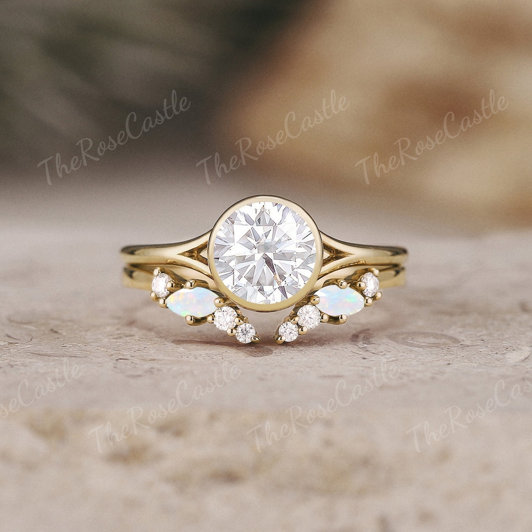 Unique Bezel Moissanite Engagement Ring Set Yellow Gold Opel Curved ...