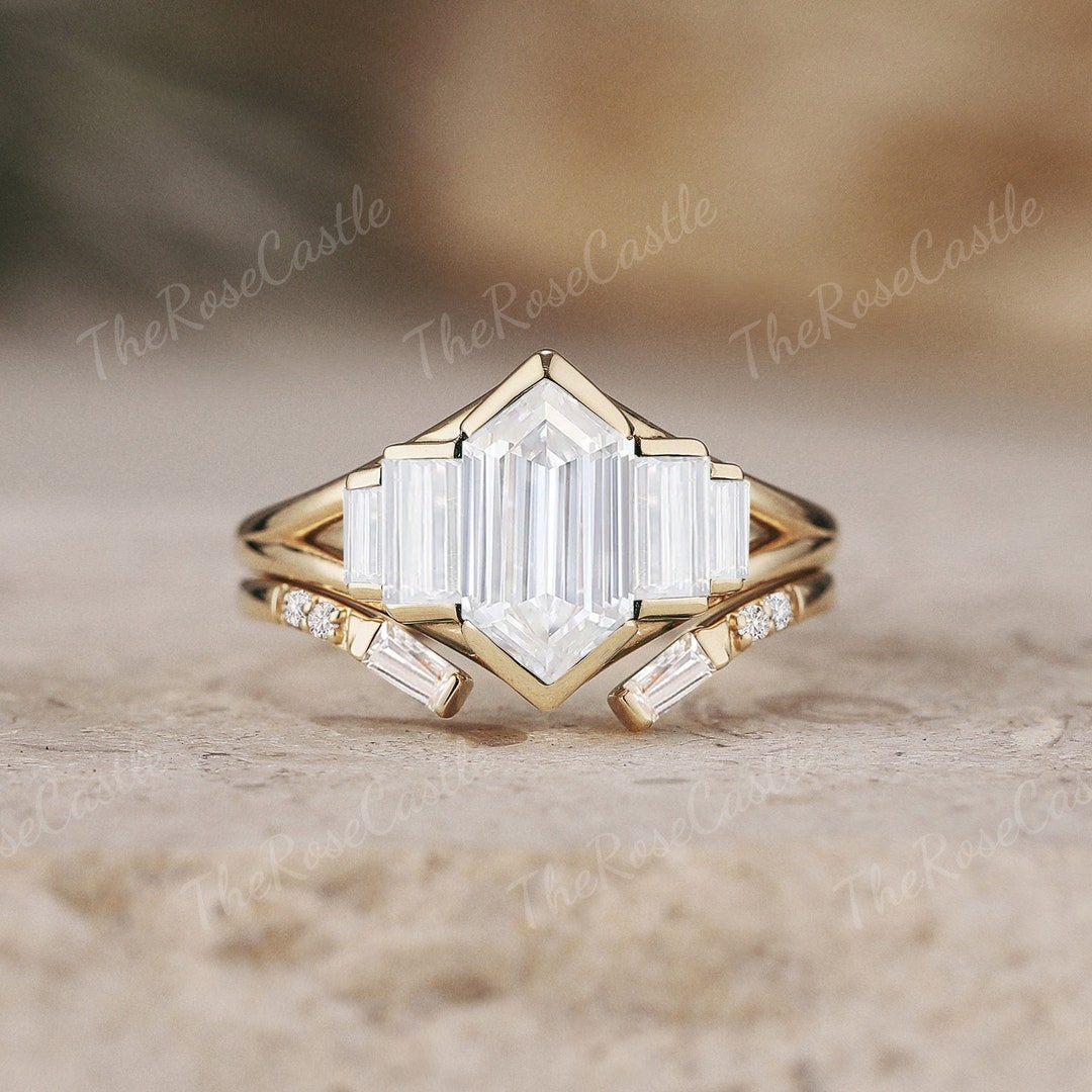 Unique Bezel Set Ring Hexagon Cut Moissanite Engagement Ring Set Solid ...