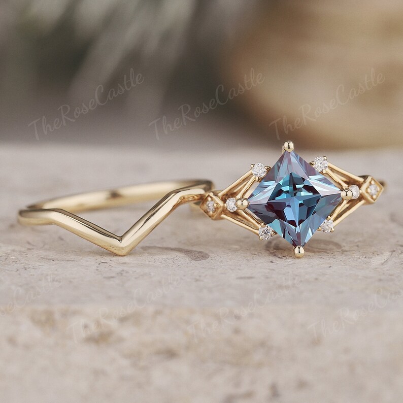 Princess Cut Alexandrite Engagement Ring Set Unique Bridal Set - Etsy