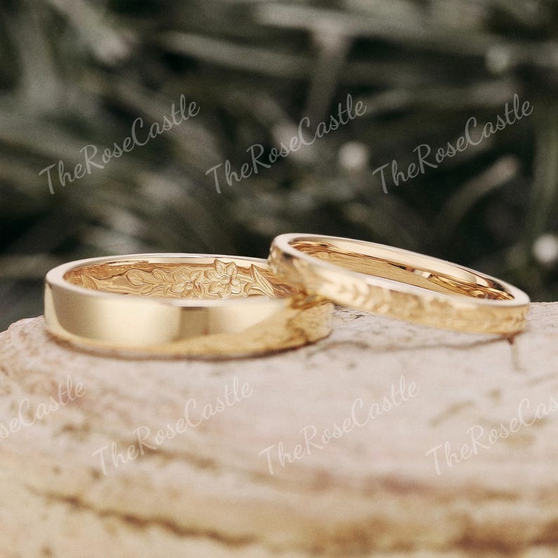 2pcs Floral Engraved Wedding Band Set, Solid Gold Matching Rings, His ...