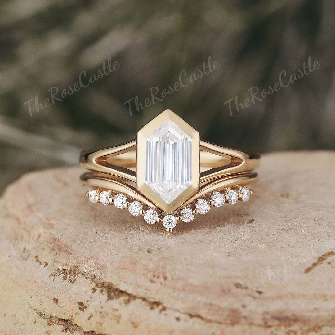 Hexagon Cut Bezel Moissanite Engagement Ring Set Solid Gold Moissanite ...