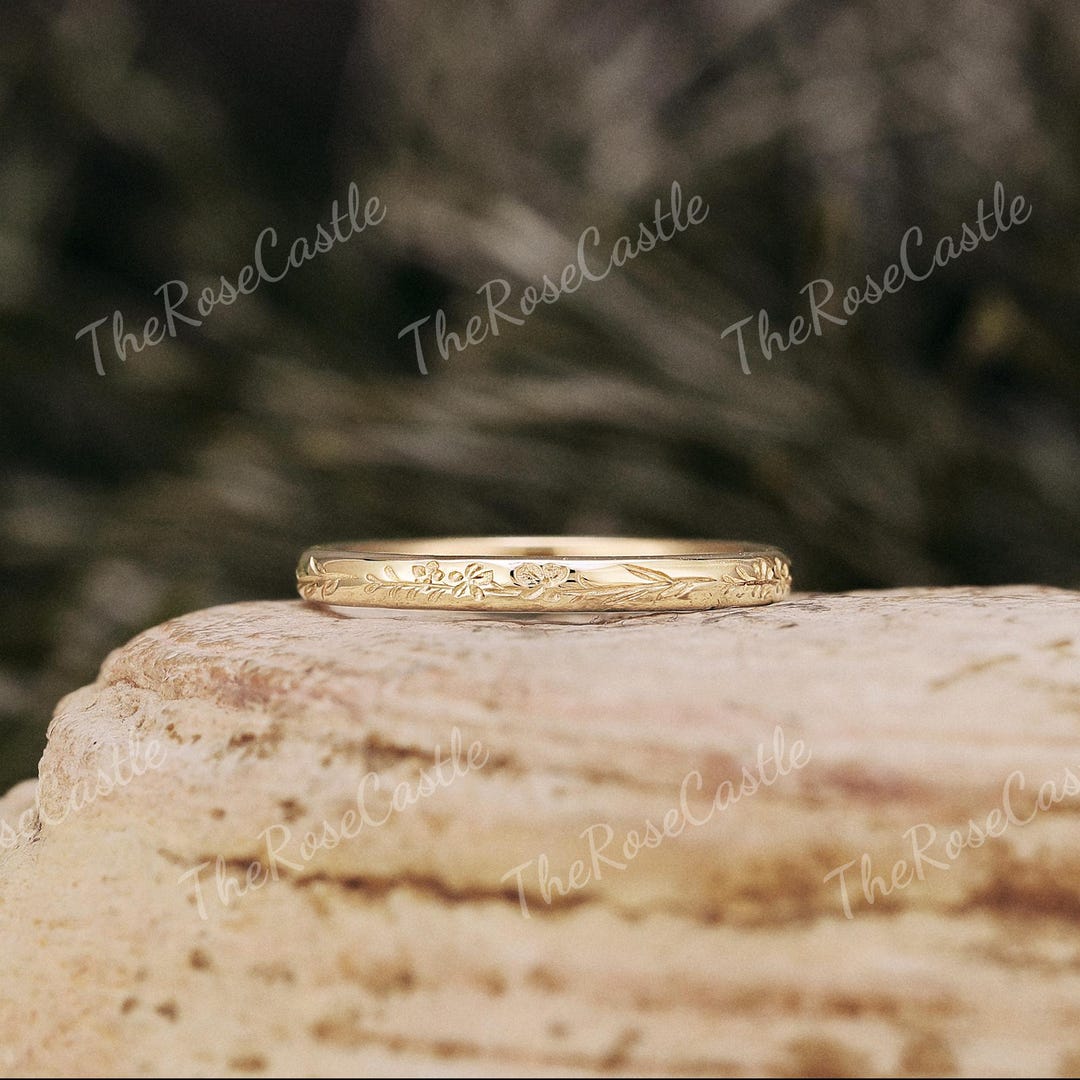 2MM Art Deco Birth Flower Wedding Band: Minimalist Solid Gold Engraved ...