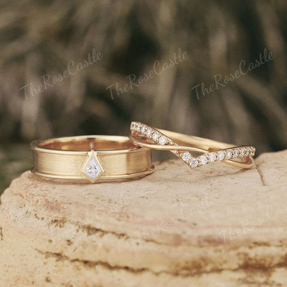 2pc Couple Rings Solid Gold Brushed Mens Wedding Band Moissanite Curved Wedding Band Rings for Men and Women Couple Ring Set Gift for Him Etsy