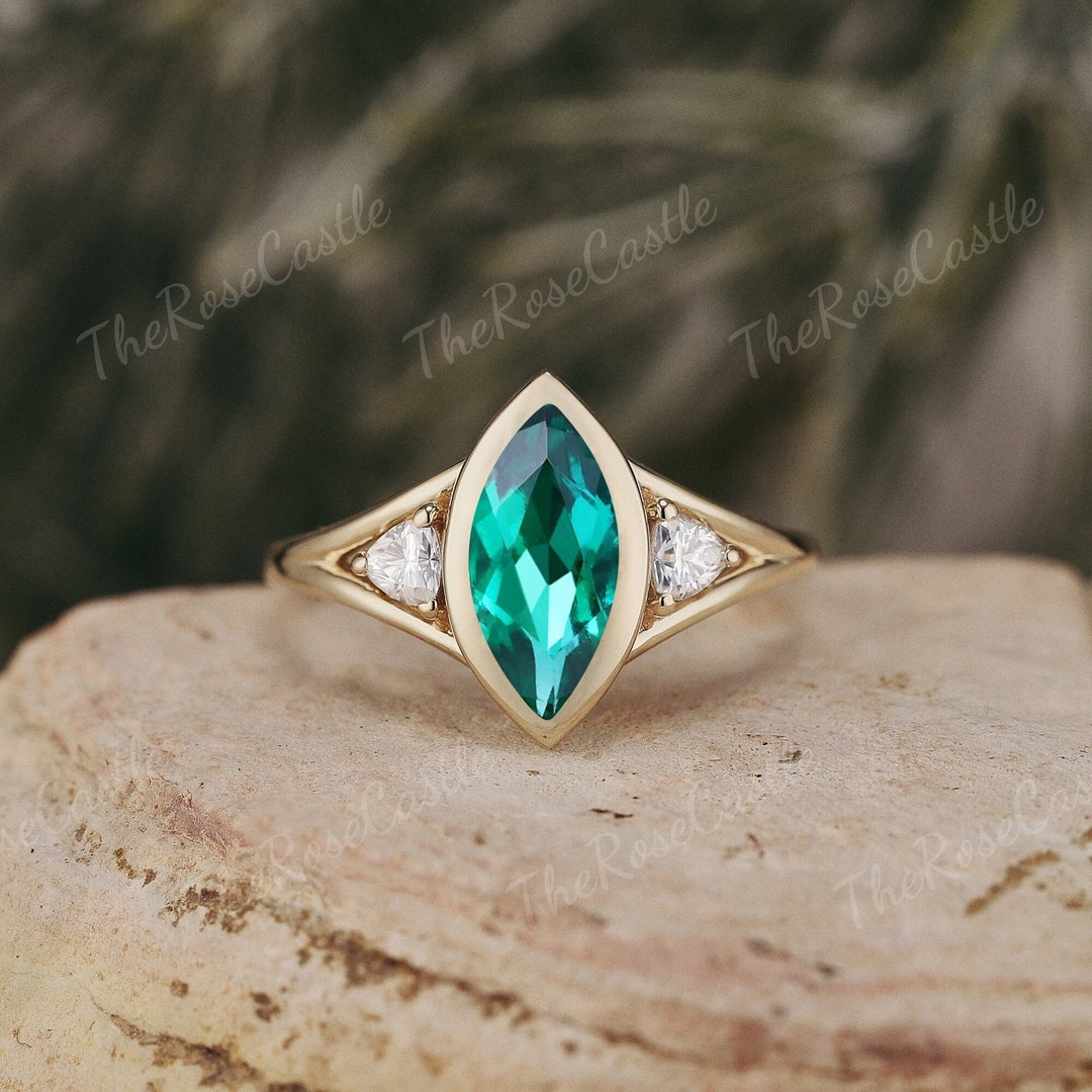 Marquise Cut Bezel Emerald Engagement Ring Solid Gold Moissanite ...