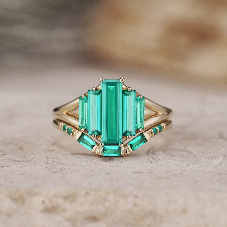 Unique Emerald Engagement Ring Set Art Deco Gold Rings - Etsy