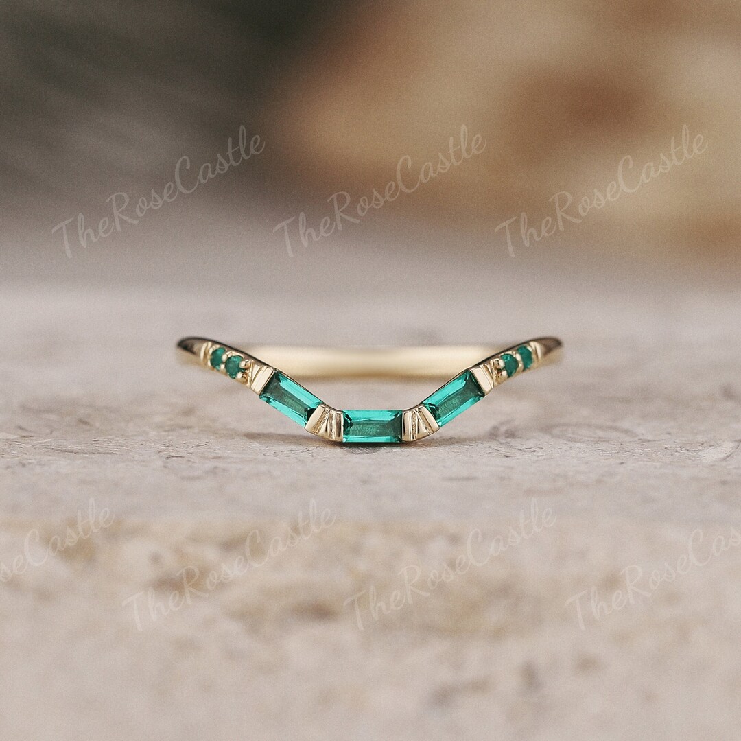 Unique Baguette Emerald Wedding Band Gold Rings Curved Matching Rings Art Deco Custom Ring ...