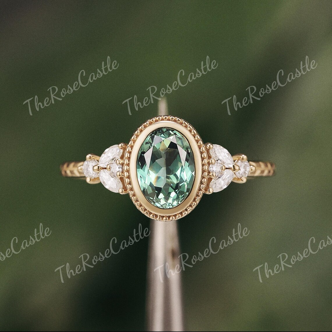Milgrain Design Green Sapphire Engagement Ring Solid Gold Moissanite ...