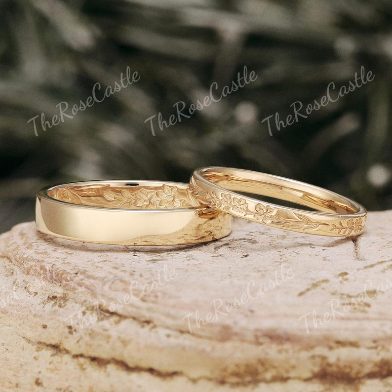 2pcs Floral Engraved Wedding Band Set, Solid Gold Matching Rings, His ...