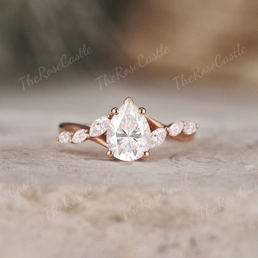 Unique Pear Cut Moissanite Engagement Ring Rose Gold Rings Art Deco ...