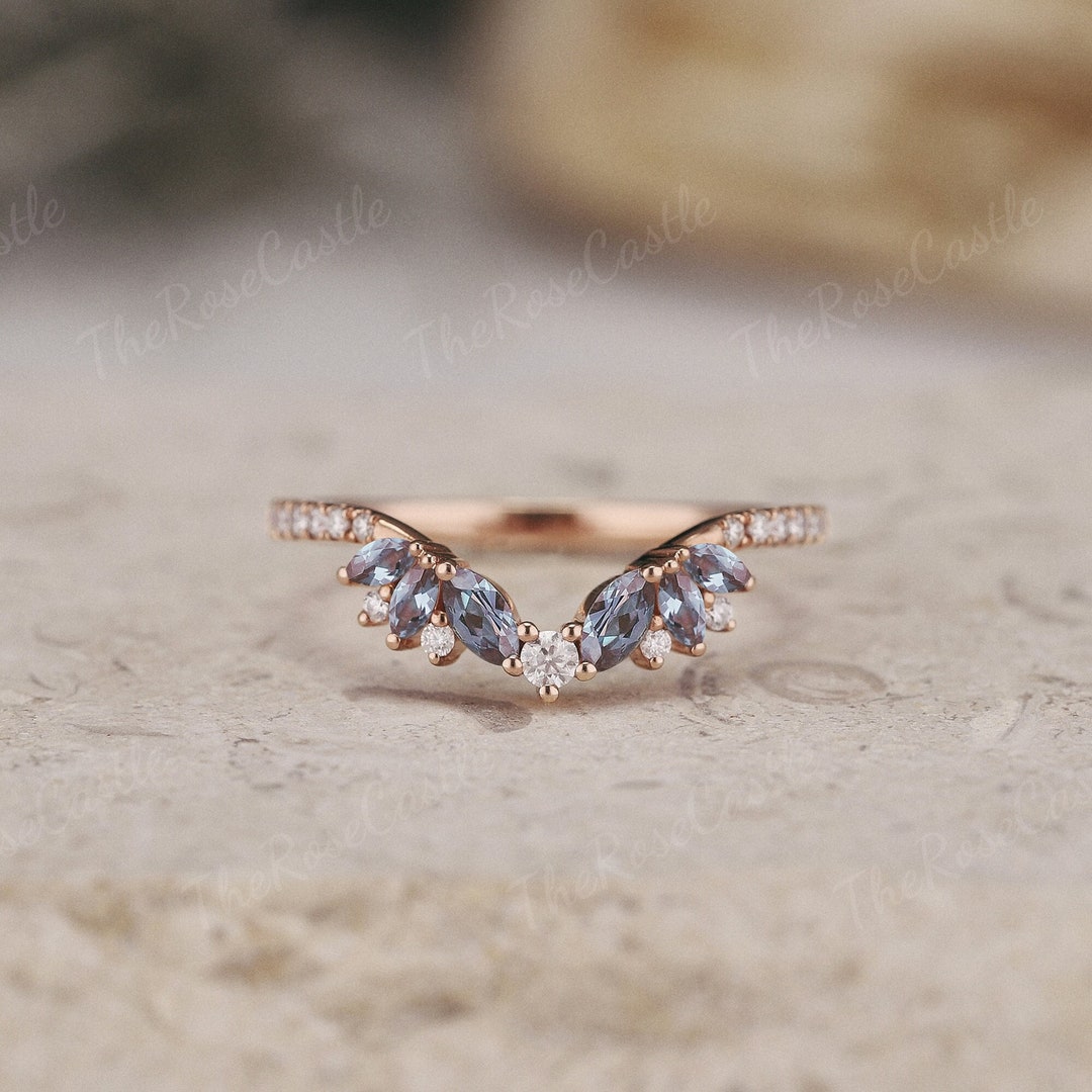 Marquise Alexandrite Wedding Band Rose Gold Unique Diamond Moissanite ...