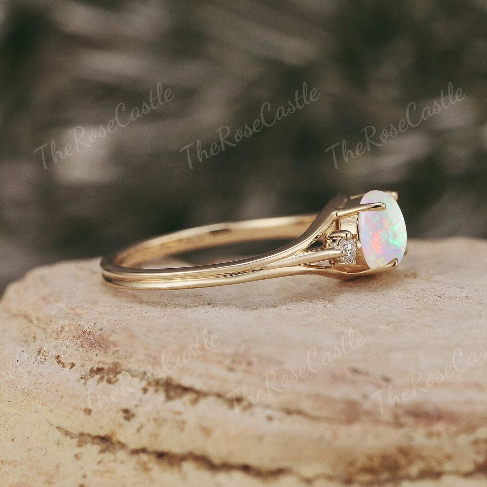 Unique East West Opal Engagement Ring Solid Gold Moissanite Cluster ...