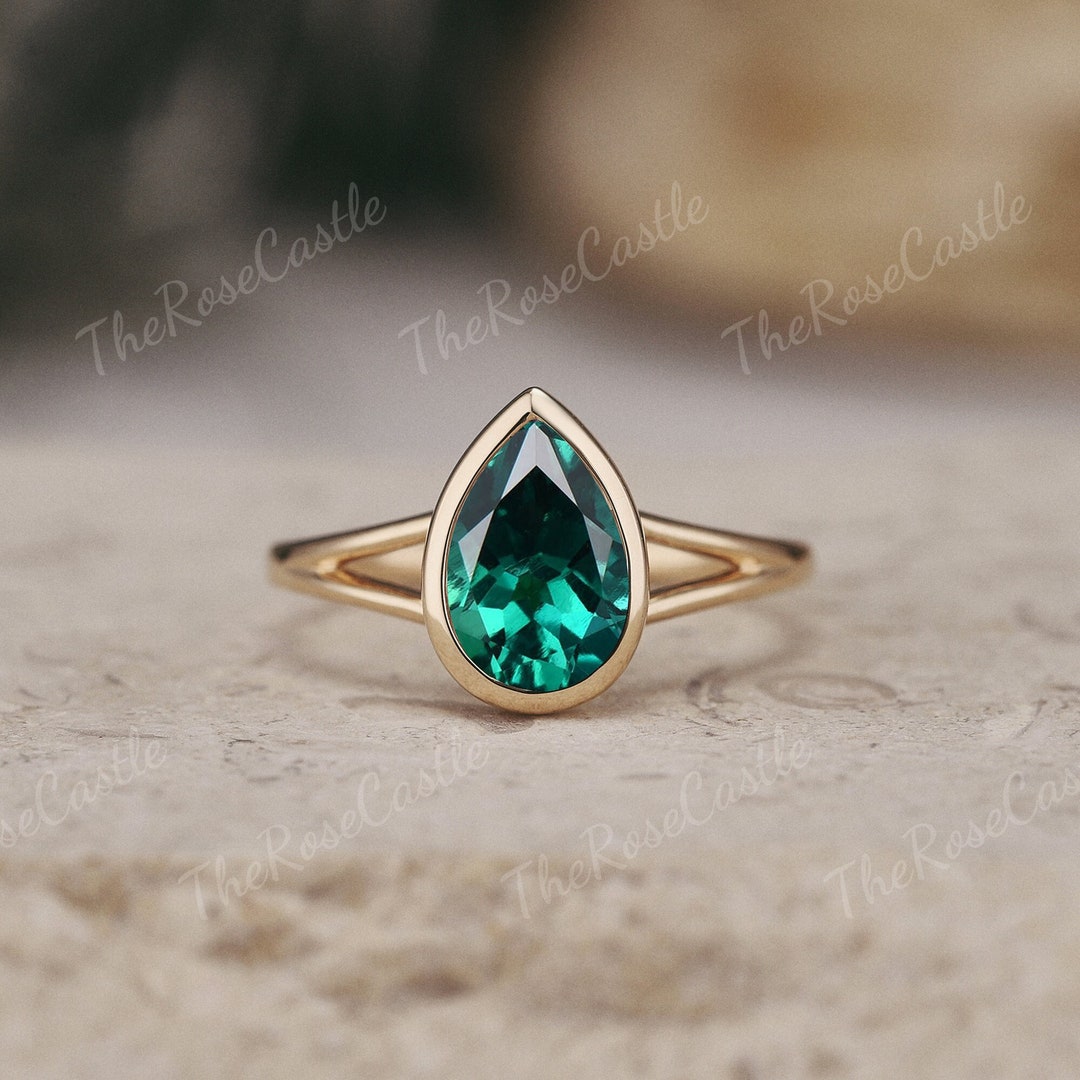 Pear Cut Emerald Engagement Ring Solid Gold Ring Art Deco Unique ...