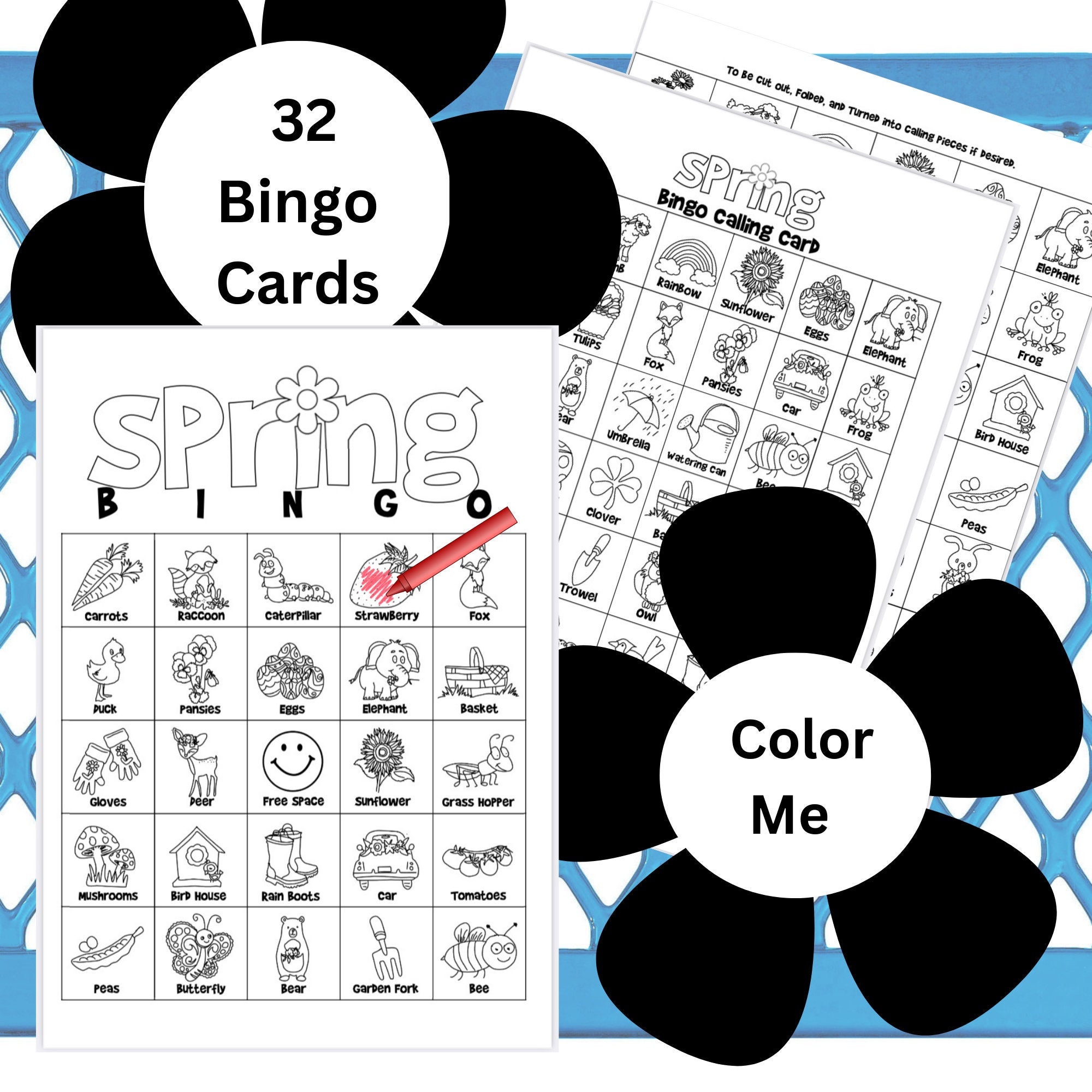 Spring Bingo Game - 32 Card - Coloring Printable Bingo Cards - Etsy