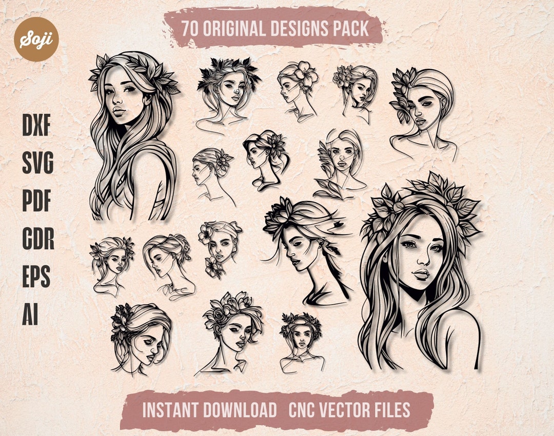Girls Svg Bundle Digital Woman Head Dxf File Flower Girl Svg Bundle Cnc ...