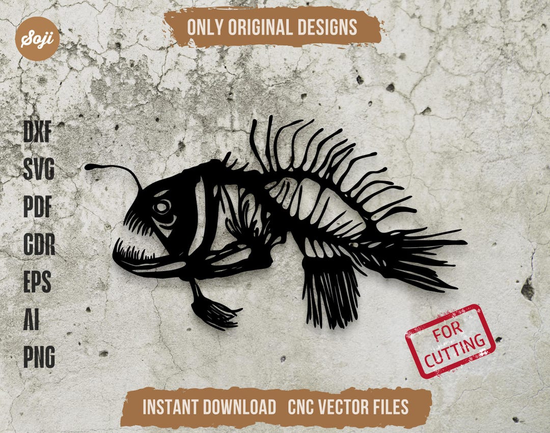 Angler Fish Skeleton Svg Laser Cut File – Svg Dxf Cdr– CNC, Glowforge ...