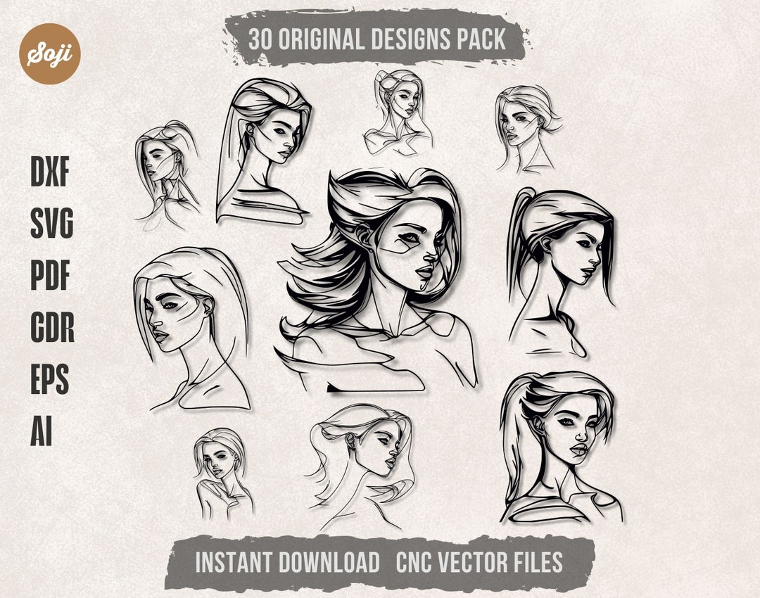Girls Svg Bundle Digital Woman Head Dxf File Line Art Girl Svg Bundle ...