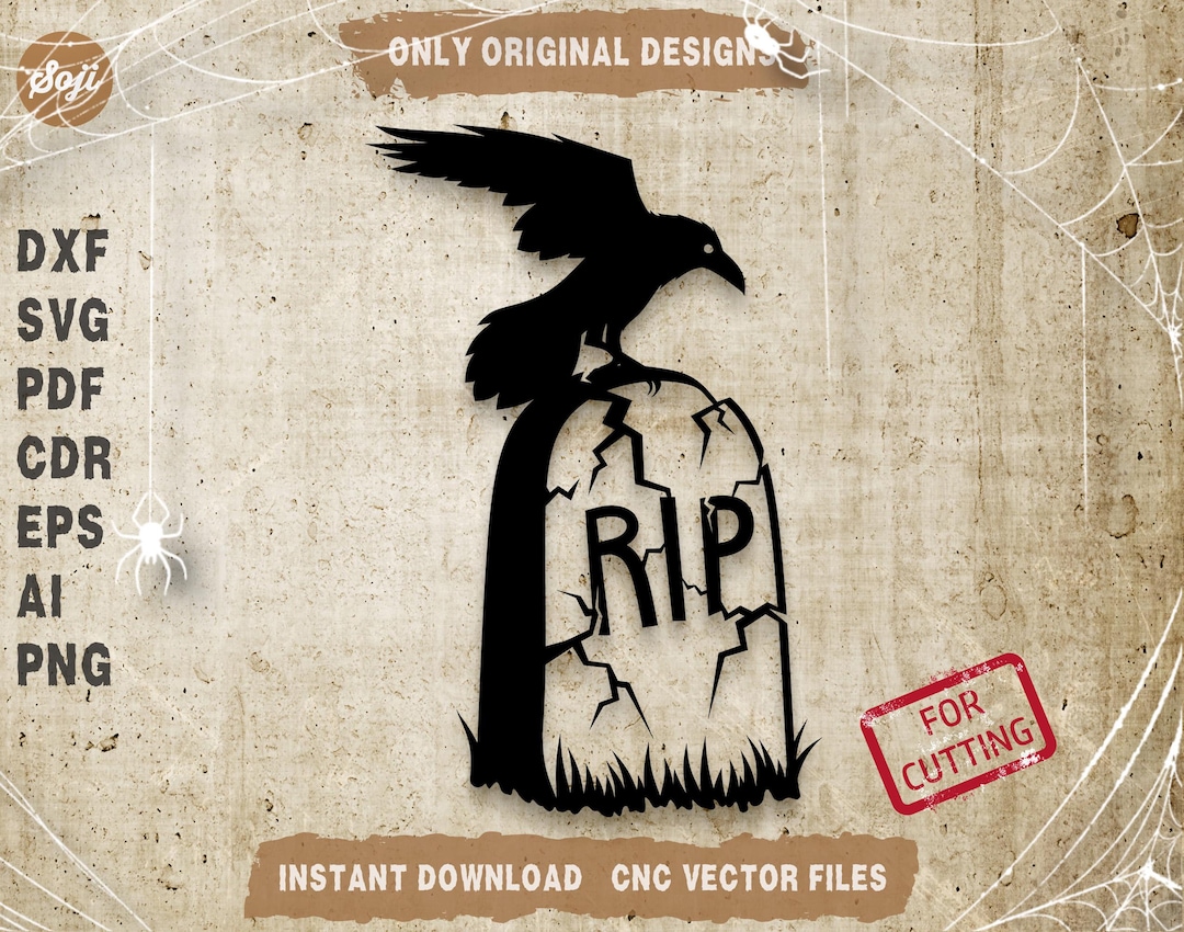 Raven on Tombstone SVG – Gothic Crow Cemetery Wall Art Dxf Cdr Laser ...