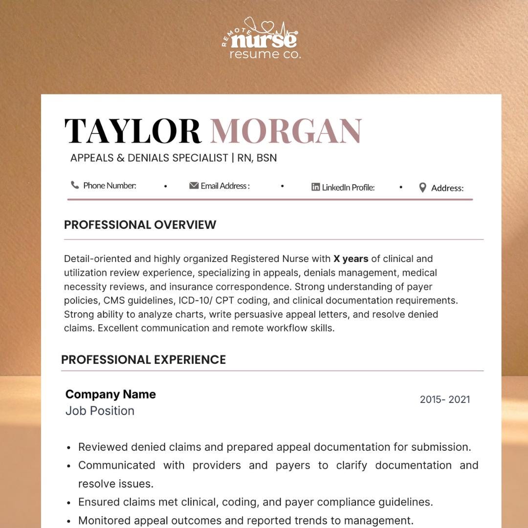 Appeals & Denials RN Resume Template | Insurance Nurse Resume | Remote ...