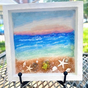 Hand Painted Beach at Sunset, Wall Hanging, Glistening Resin Coastal ...