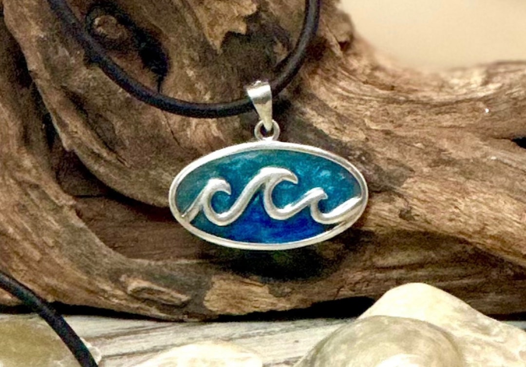 Beach Wave Pendant .925 Sterling Silver Necklace-oval Ocean Blue Wave ...