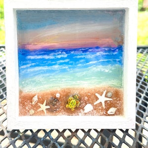 Hand Painted Beach at Sunset, Wall Hanging, Glistening Resin Coastal ...
