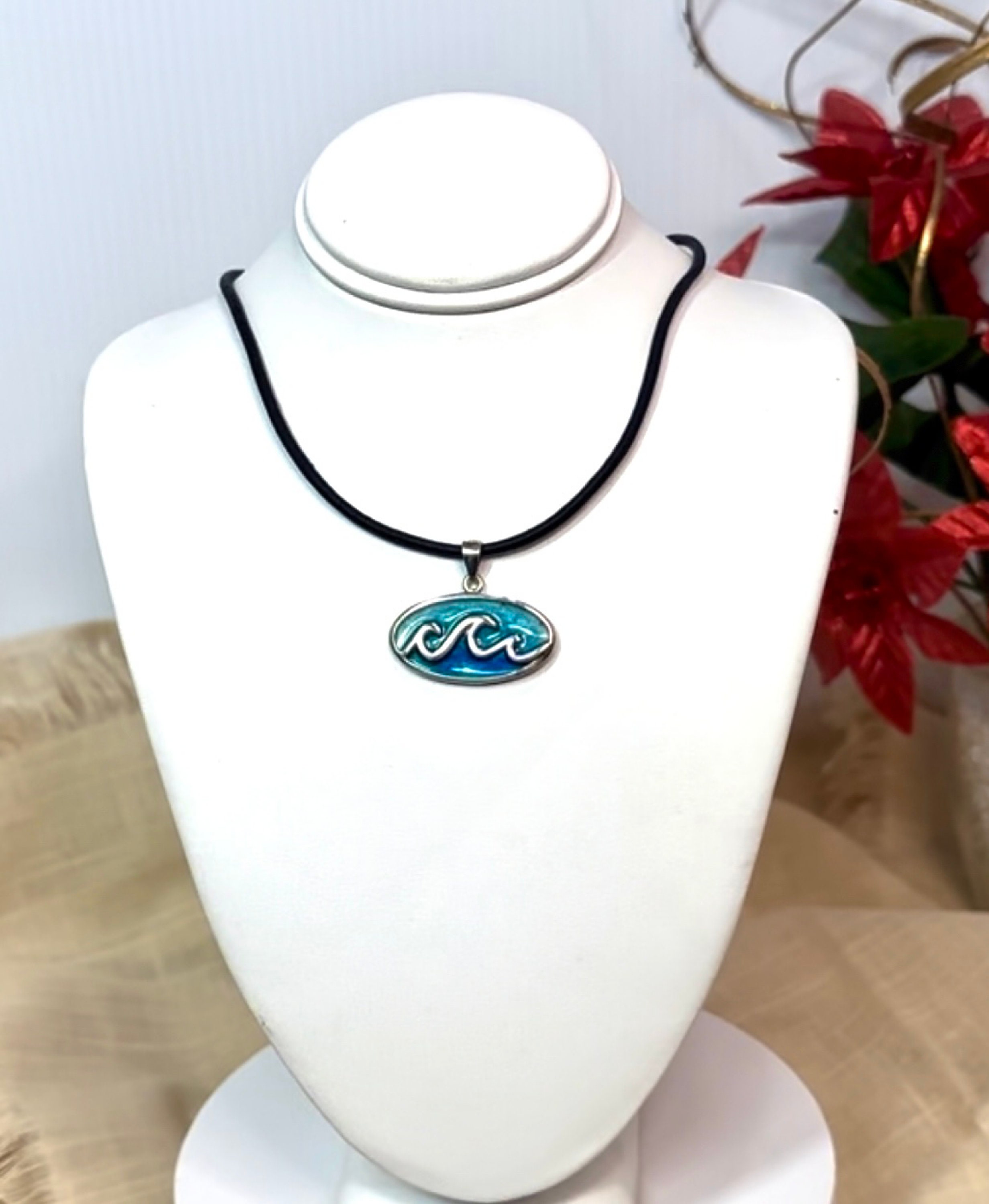 Beach Wave Pendant .925 Sterling Silver Necklace-oval Ocean Blue Wave ...