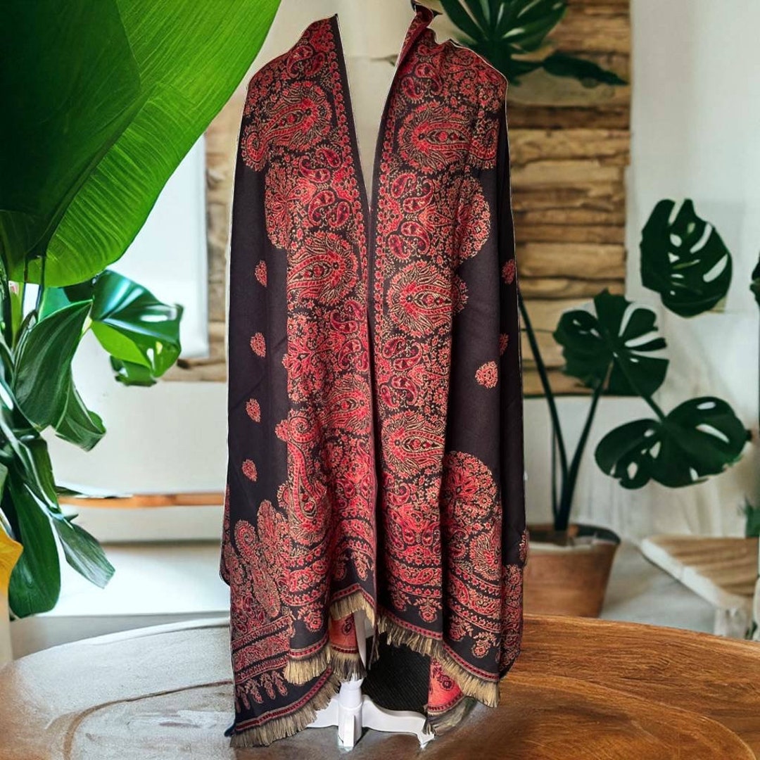 Black Red Wool Shawl Floral Design Knitting Shawl Best Gift for Mom Dad ...