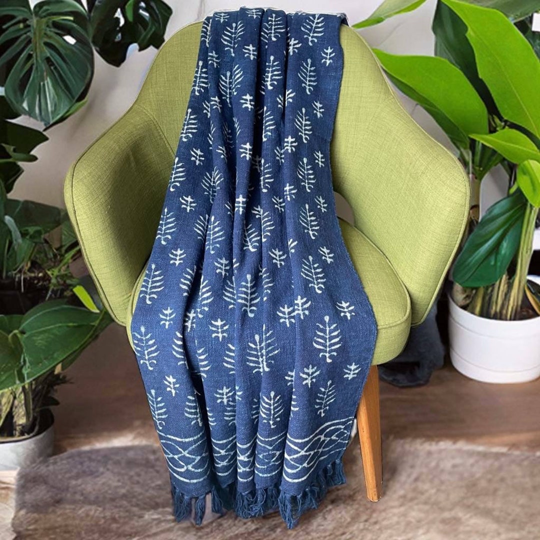 Cotton Throw Blanket Travel Rug With Tassels Decorative Piece Indigo ...