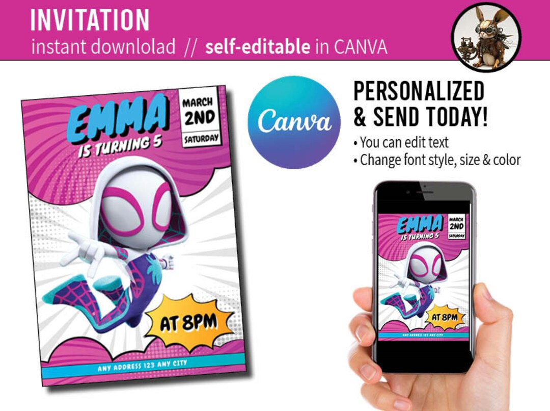 DIY Editable Spidey Birthday Invitation Spider Gwen Template - Etsy