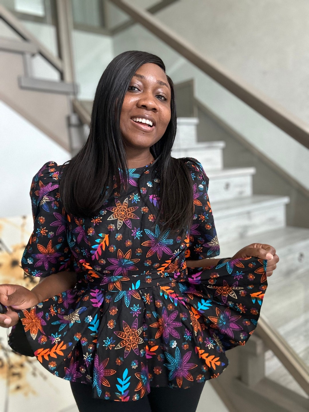 Ankara Peplum Top, African Print Peplum Top, Green Puffed-sleeve Bodycon Top, Pleated Padded ...