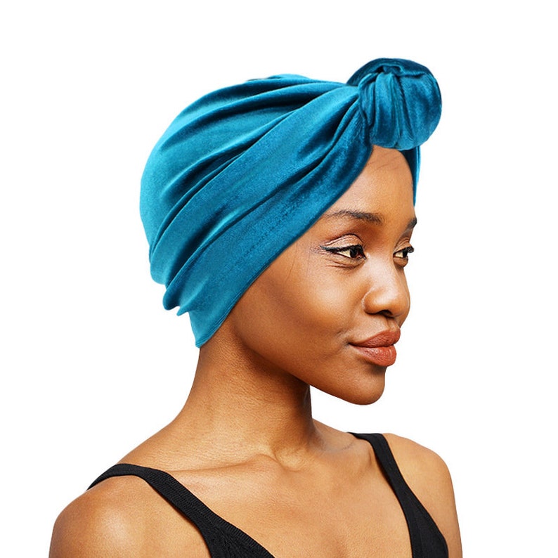 Turquoise Velvet Women Turban Beanie Hat With Flower Chemo Headwear ...