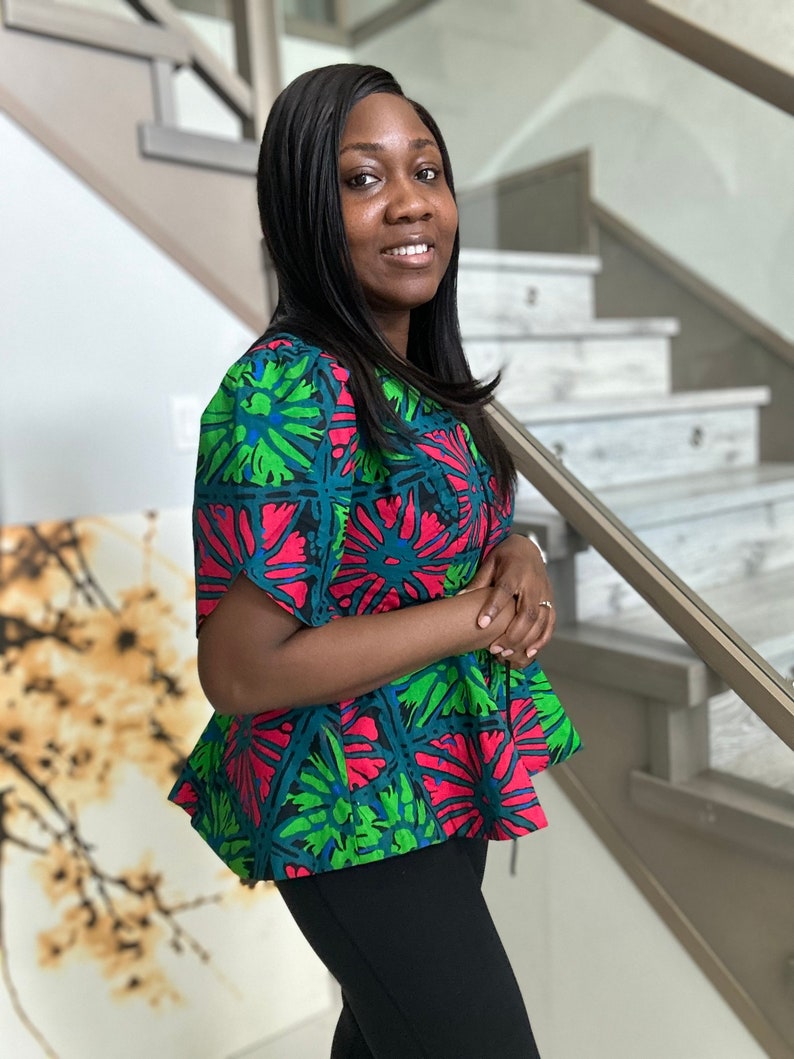 Ankara Peplum Top, African Print Peplum Top, Green Puffed-sleeve Bodycon Top, Pleated Padded ...